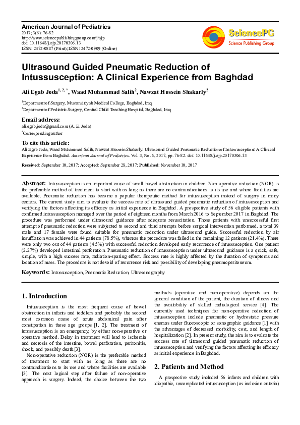 (PDF) Ultrasound Guided Pneumatic Reduction of Intussusception: A ...