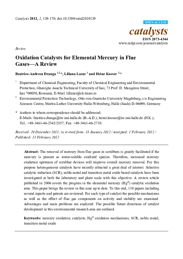 (PDF) Oxidation Catalysts for Elemental Mercury in Flue Gases—A Review