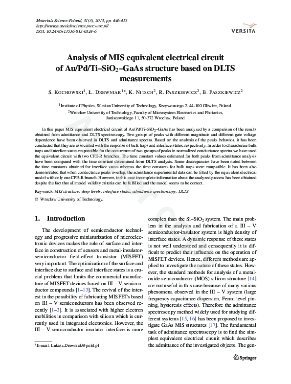 (PDF) Analysis of MIS equivalent electrical circuit of Au/Pd/Ti-SiO2 ...