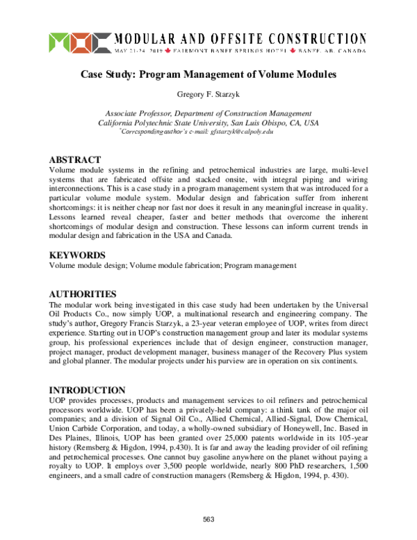 (PDF) Case Study: Program Management of Volume Modules
