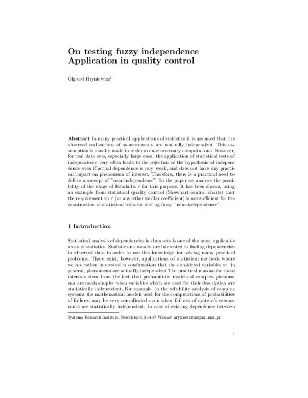 (PDF) On Testing Fuzzy Independence Application in Quality Control