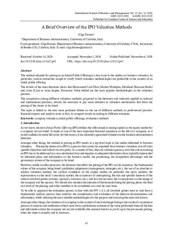 (PDF) A Brief Overview of the IPO Valuation Methods