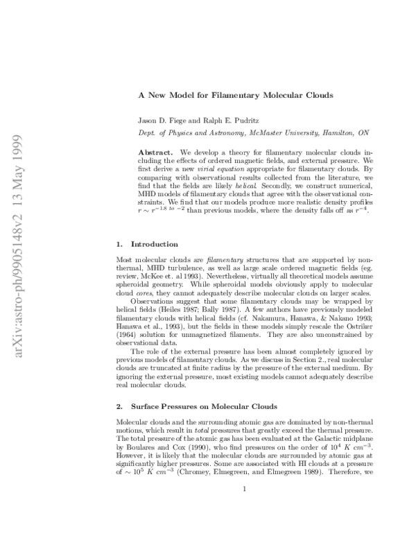 (PDF) A New Model for Filamentary Molecular Clouds