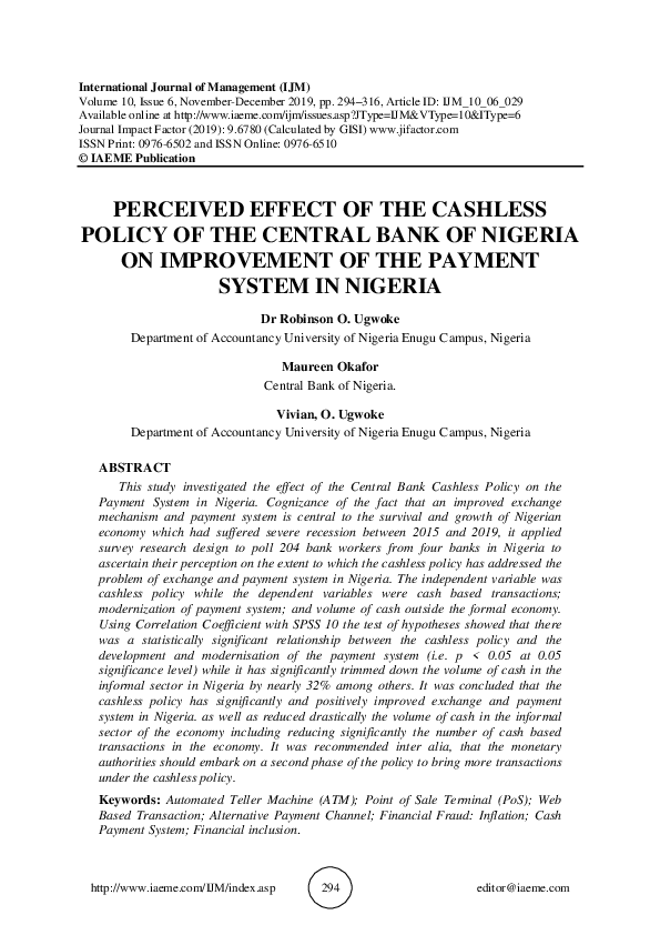 (PDF) Cashless Perceived Effect of the Cashless Policy of the Central Bank of Nigeria on ...