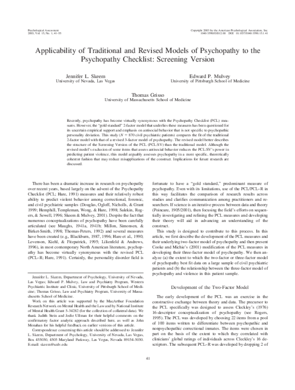 (PDF) Applicability of traditional and revised models of psychopathy to ...
