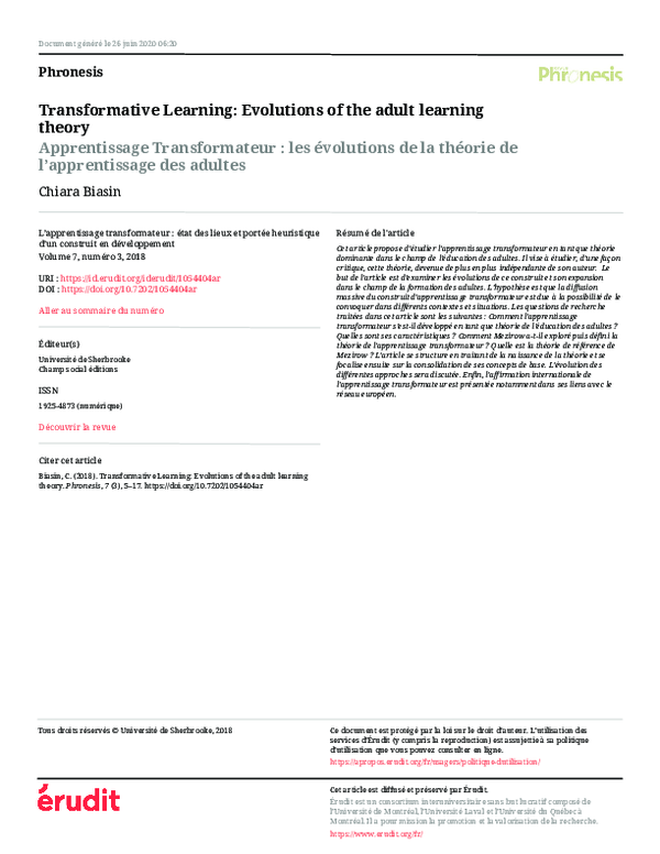 Pdf Transformative Learning Evolutions Of The Adult Learning Theory