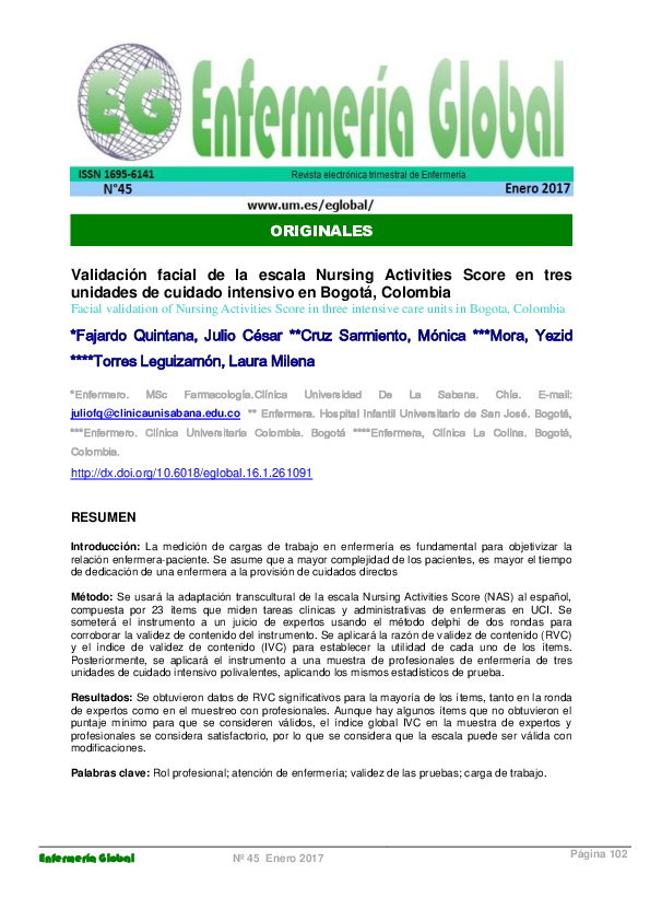 (PDF) Validación facial de la escala Nursing Activities Score en tres ...