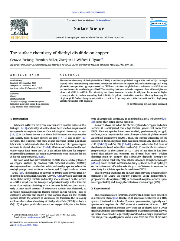 (PDF) The surface chemistry of diethyl disulfide on copper