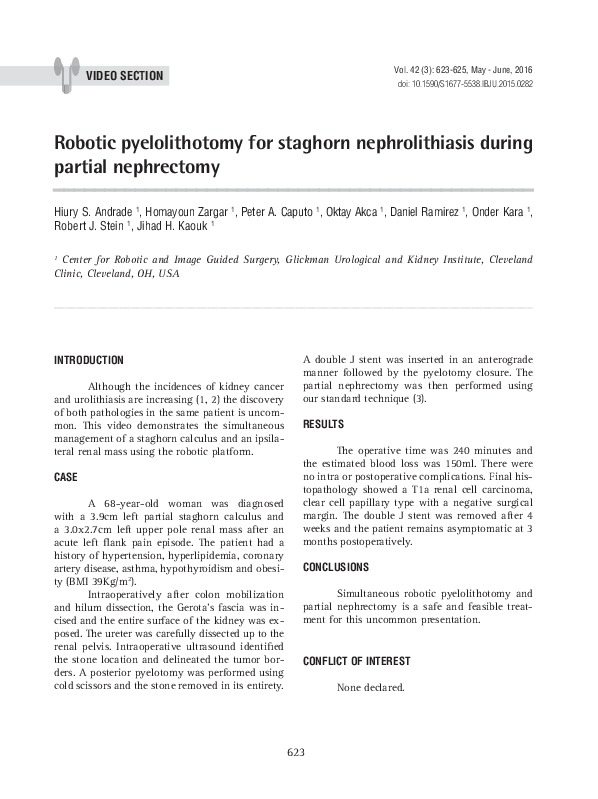 (PDF) Robotic pyelolithotomy for staghorn nephrolithiasis during ...