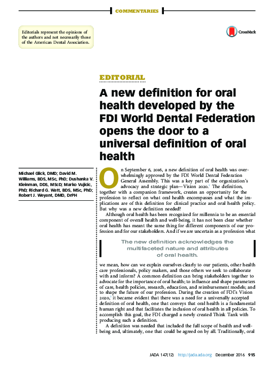(PDF) A new definition for oral health developed by the FDI World ...