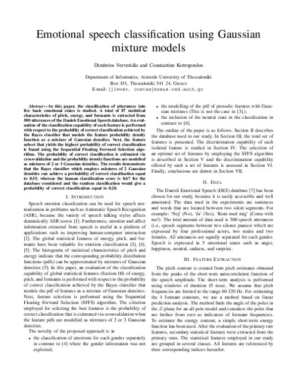 Pdf Emotional Speech Classification Using Gaussian Mixture Models And The Sequential Floating