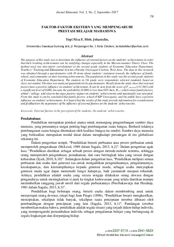 (PDF) Faktor-Faktor Ekstern Yang Mempengaruhi Prestasi Belajar Mahasiswa
