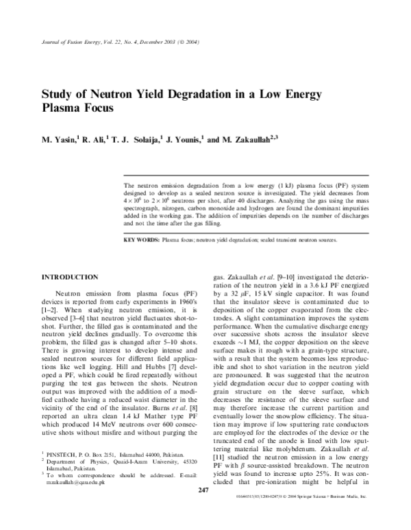 (PDF) Study of Neutron Yield Degradation in a Low Energy Plasma Focus