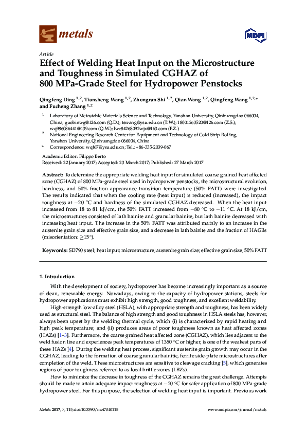 (PDF) Effect of welding heat input on microstructure and mechanical properties of simulated HAZ ...