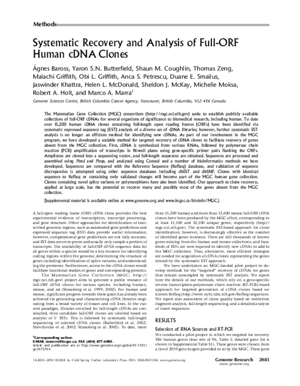 (PDF) Systematic Recovery and Analysis of Full-ORF Human cDNA Clones