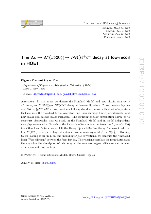 (PDF) The $$ {\Lambda}_b\to {\Lambda}^{\ast }(1520)\left(\to N\overline{K}\right){\mathrm{\ell ...