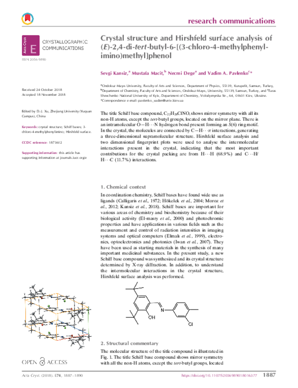 (PDF) Crystal structure and Hirshfeld surface analysis of (E)-2,4-di-tert-butyl-6-[(3-chloro-4 ...