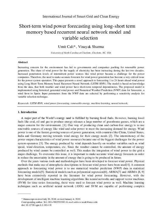 Pdf Short Term Wind Power Forecasting Using Long Short Term Memory Based Recurrent Neural