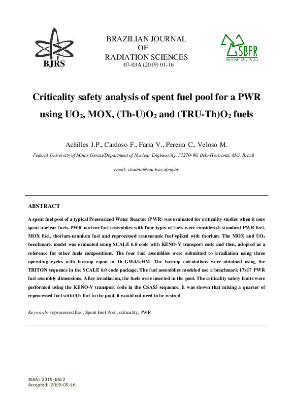 (PDF) Criticality safety analysis of spent fuel pool for a PWR using ...