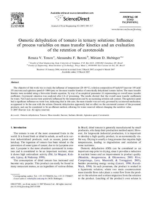 (PDF) Osmotic dehydration of tomato in ternary solutions: Influence of process variables on mass ...