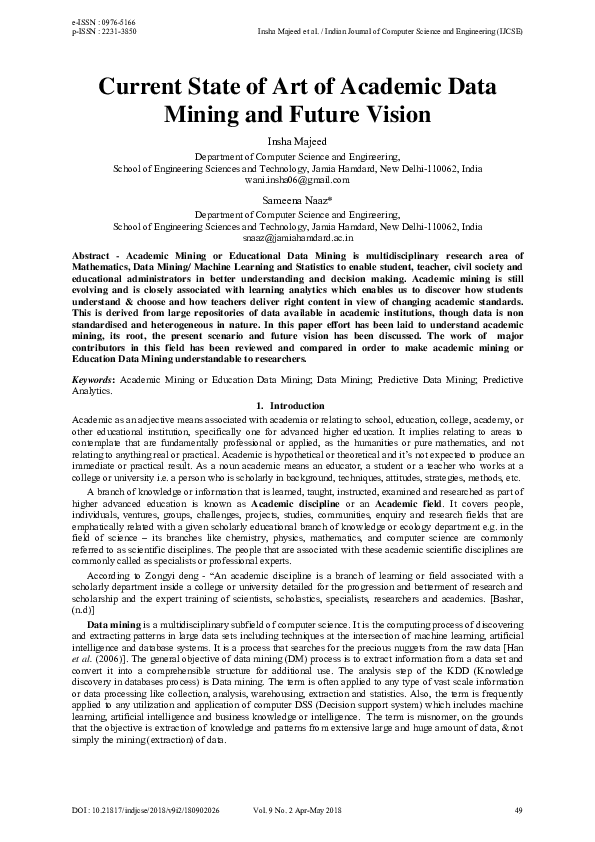 (PDF) Current State of Art of Academic Data Mining and Future Vision