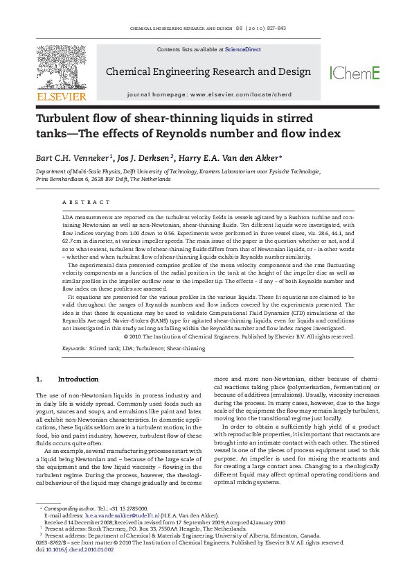 (PDF) Turbulent flow of shear-thinning liquids in stirred tanks—The effects of Reynolds number ...