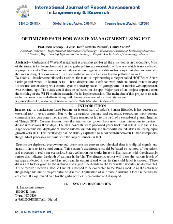 (PDF) Optimized Path for waste management using IOT