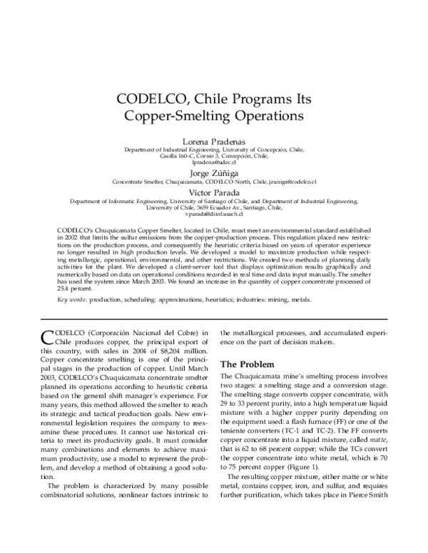 (PDF) CODELCO, Chile programs its copper-smelting operations