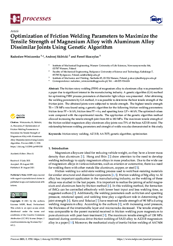 (PDF) Optimization of Friction Welding Parameters to Maximize the Tensile Strength of Magnesium ...