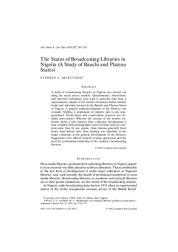 (PDF) The Status of Broadcasting Libraries in Nigeria (A Study of ...