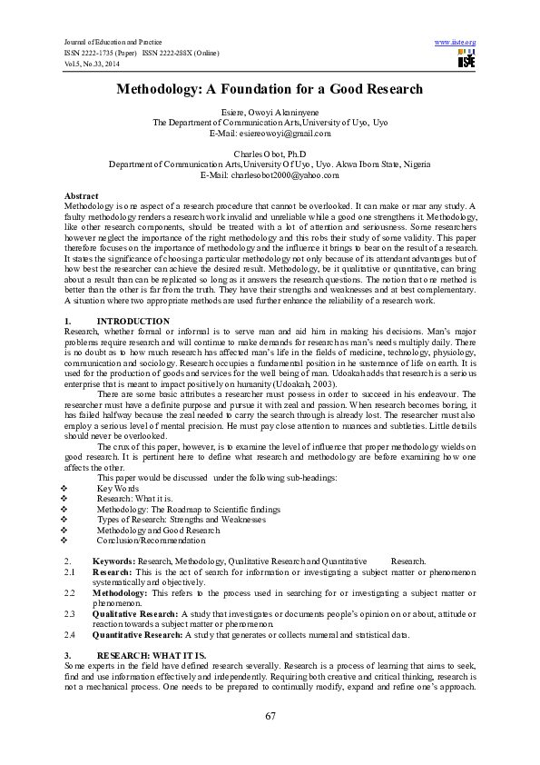 (PDF) Methodology: A Foundation for a Good Research