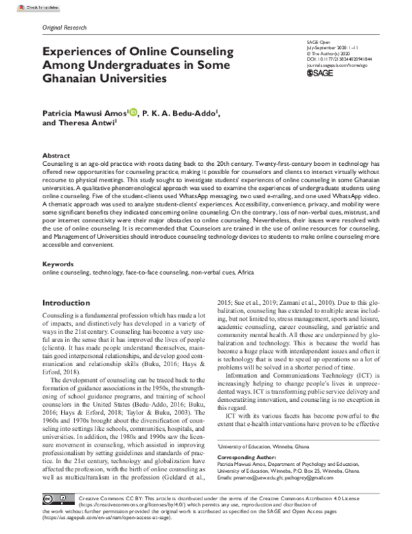 (PDF) Experiences of Online Counseling Among Undergraduates in Some ...