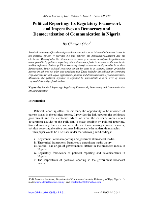(PDF) Political Reporting: Its Regulatory Framework and Imperatives on ...