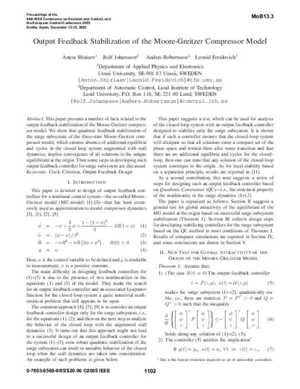 (PDF) Output Feedback Stabilization of the Moore-Greitzer Compressor Model
