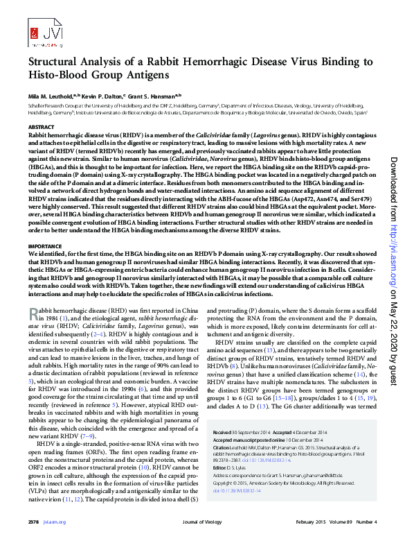 (PDF) Structural Analysis of a Rabbit Hemorrhagic Disease Virus Binding to Histo-Blood Group ...