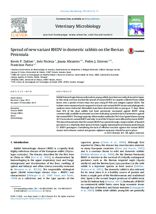 (PDF) Spread of new variant RHDV in domestic rabbits on the Iberian ...