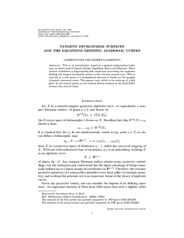 (PDF) Tangent developable surfaces and the equations defining algebraic ...