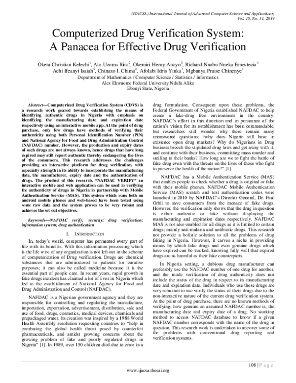 (PDF) Computerized Drug Verification System: A Panacea for Effective Drug Verification