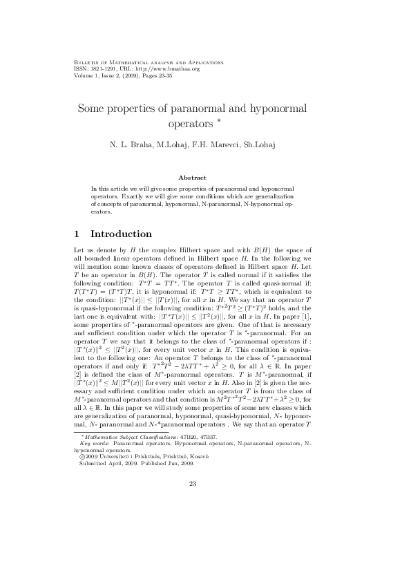 (PDF) Some properties of paranormal and hyponormal operators