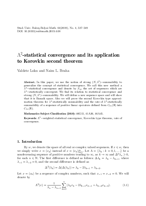 Pdf Lambda 2 Statistical Convergence And Its Applicationto Korovkin