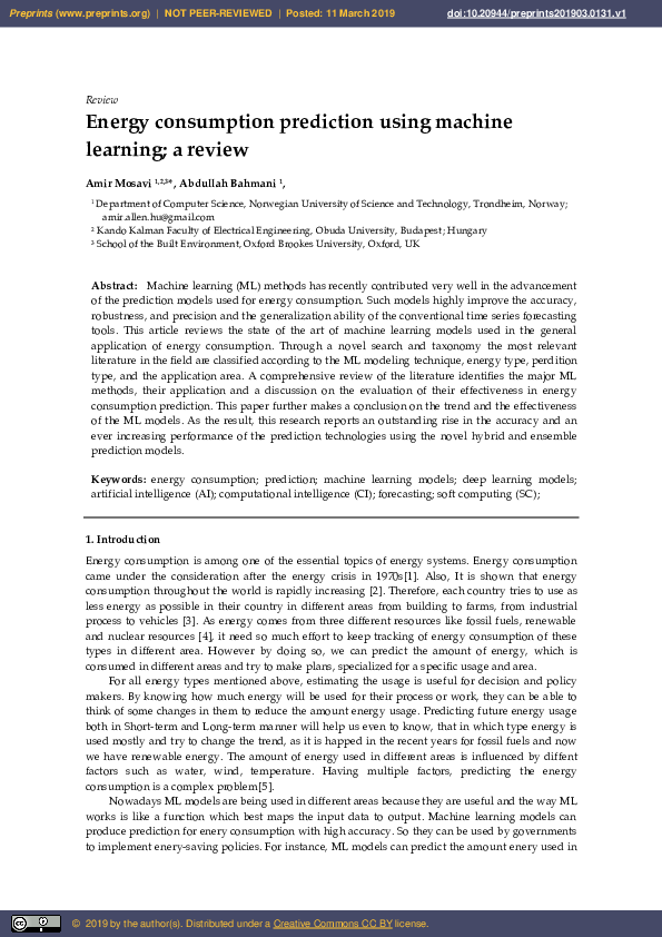 (PDF) Energy Consumption Prediction Using Machine Learning; A Review