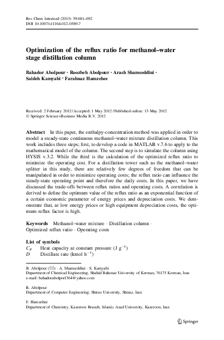 (PDF) Optimization of the reflux ratio for methanol–water stage ...