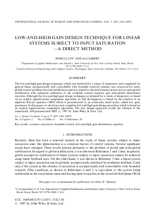 (PDF) Low-and-High Gain Design Technique for Linear Systems Subject to Input Saturation - A ...