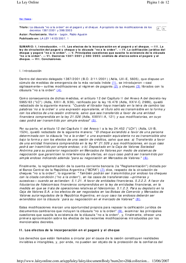 (PDF) La cláusula "no a la orden" en el pagaré y el cheque. A propósito ...