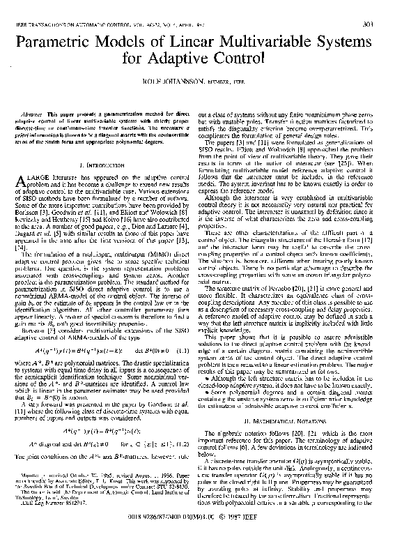 (PDF) Parametric models of linear multivariable systems for adaptive control