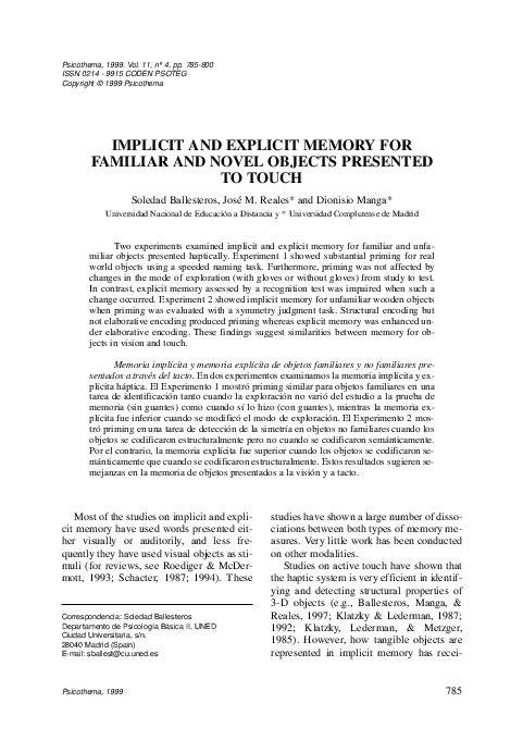 (PDF) Implicit and explicit memory forfamiliar and novel objects presentedto touch