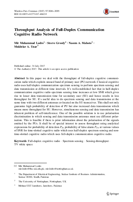 Pdf Throughput Analysis Of Full Duplex Communication Cognitive Radio Network