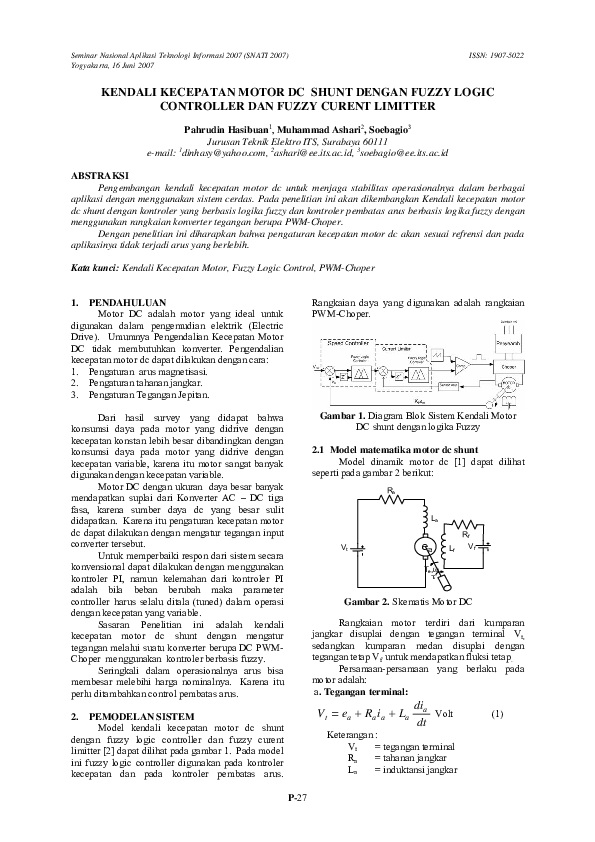 (PDF) Kendali Kecepatan Motor DC Shunt Dengan Fuzzy Logic Controller dan Fuzzy Curent Limitter