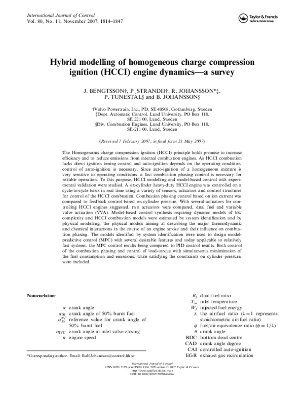 (PDF) Physical Modeling and Control of Homogeneous Charge Compression Ignition (HCCI) engines ...