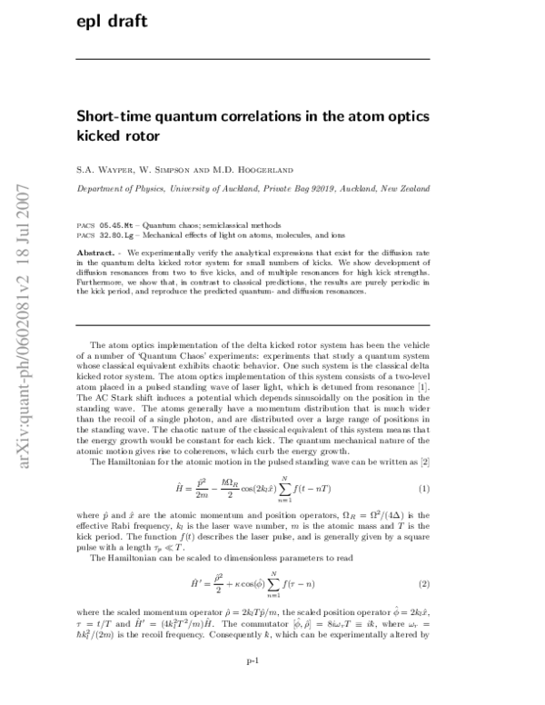 (PDF) Short-time quantum correlations in the atom optics kicked rotor